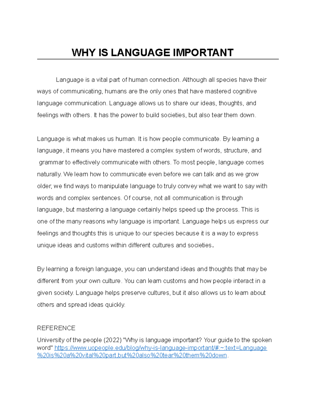 The Significance of Language in Human Connection and Society - Studocu