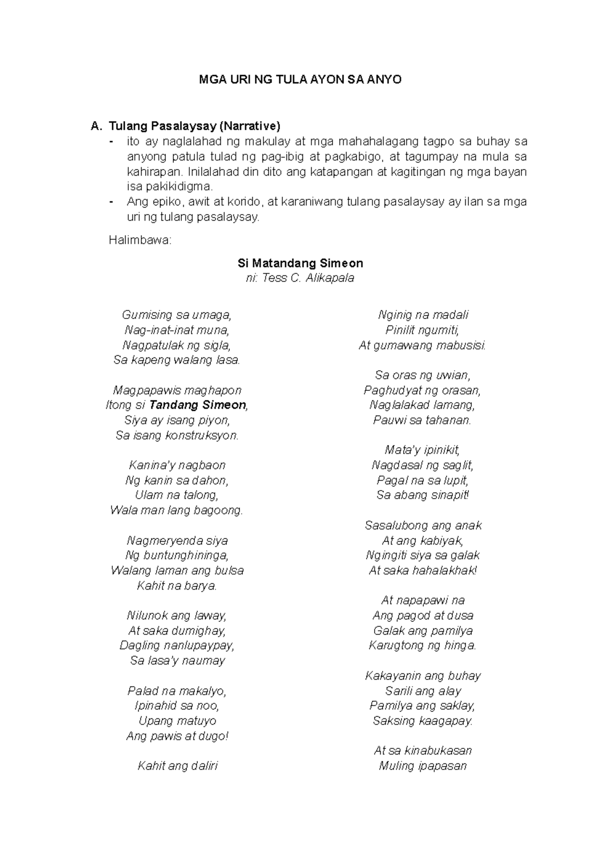 MGA URI NG TULA AYON SA ANYO: Pagsusuri at Halimbawa - Studocu