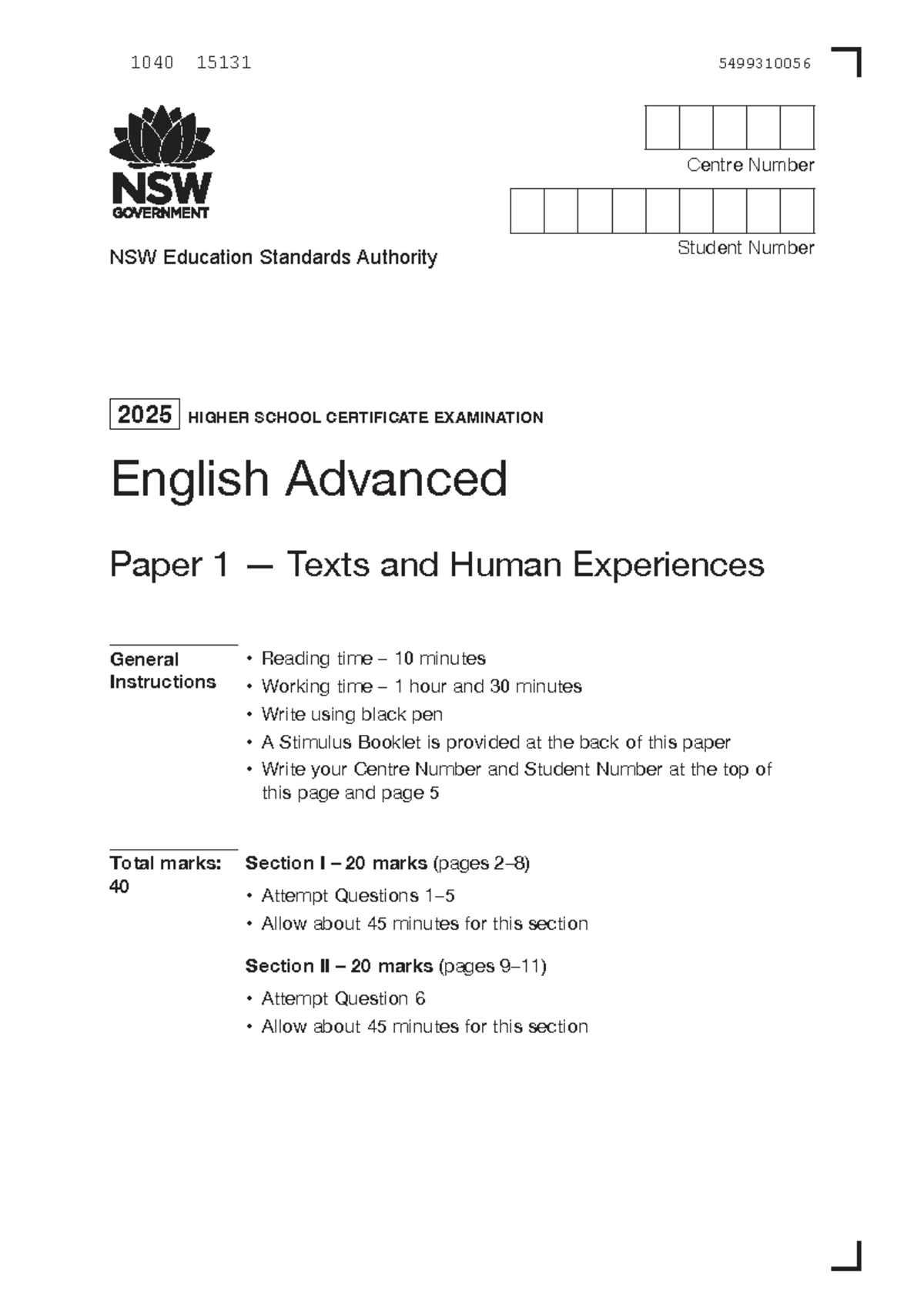 2025 HSC English Advanced Paper 1: Texts & Human Experiences Exam - Studocu