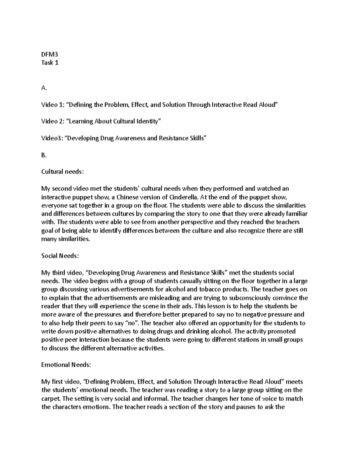 DFM3 task 1 - task - DFM Task 1 A. Video 1: “Defining the Problem, Effect, and Solution Through ...