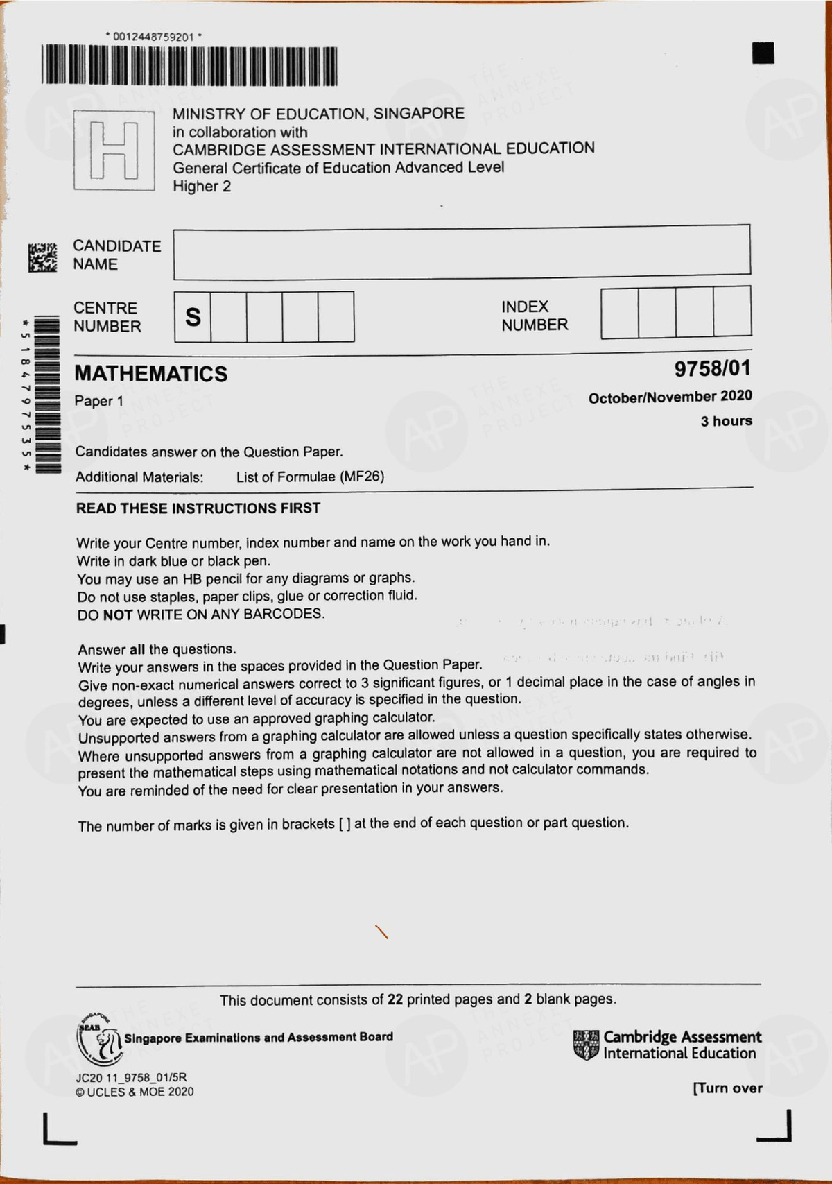 2020 A Level H2 Mathematics Paper 1 Solutions and Guidelines - Studocu