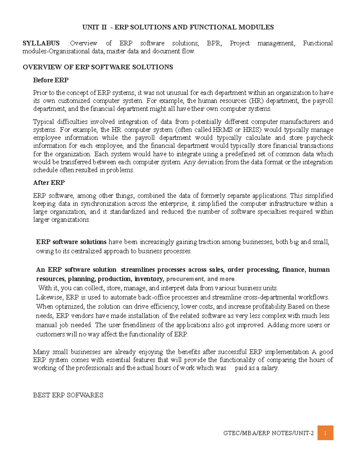 Unit 2 ERP Notes - This is for MBA students with systems specialisation ...