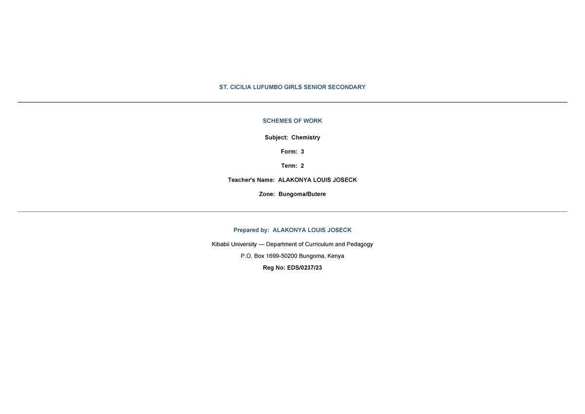 Chemistry SOW Form 3 Term 2: Sulphur and Chlorine Compounds - Studocu
