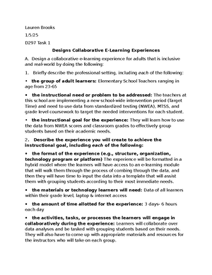 D297 - Task 2: Designing transformative learning experiences for ...