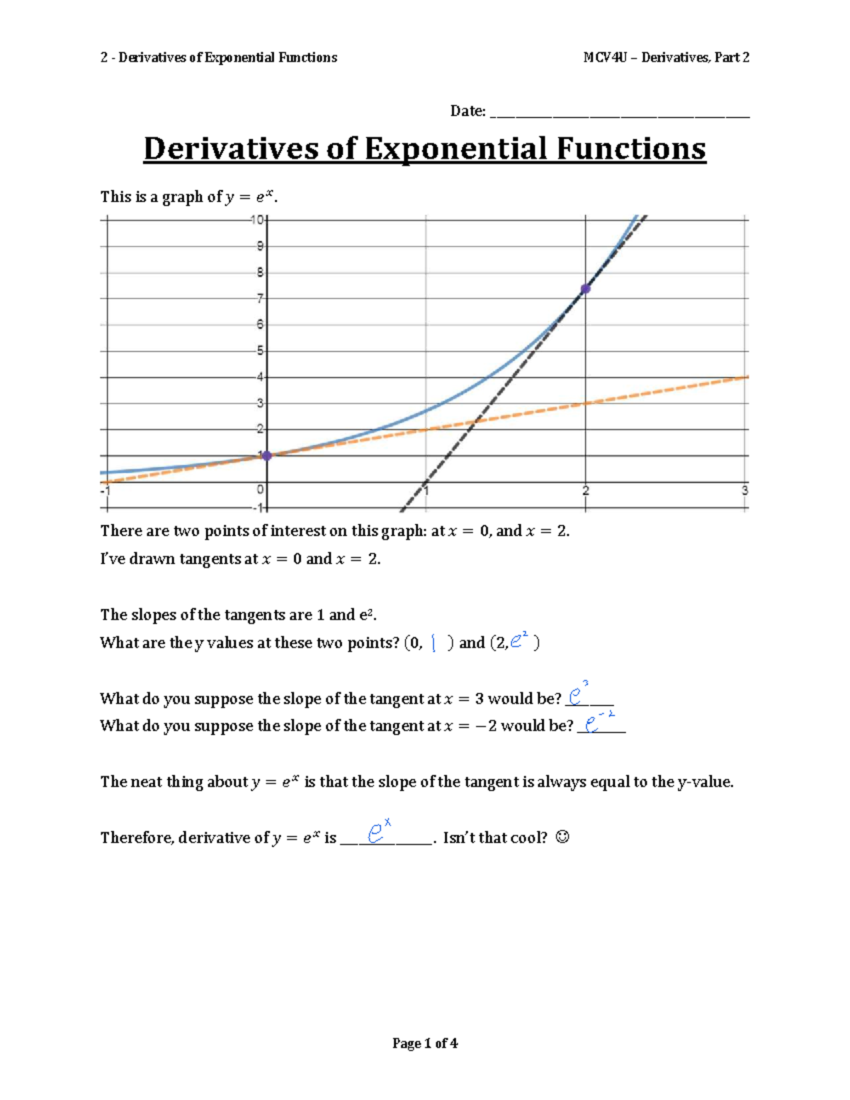 MCV4U Lesson Notes: Derivatives of Exponential Functions - Studocu