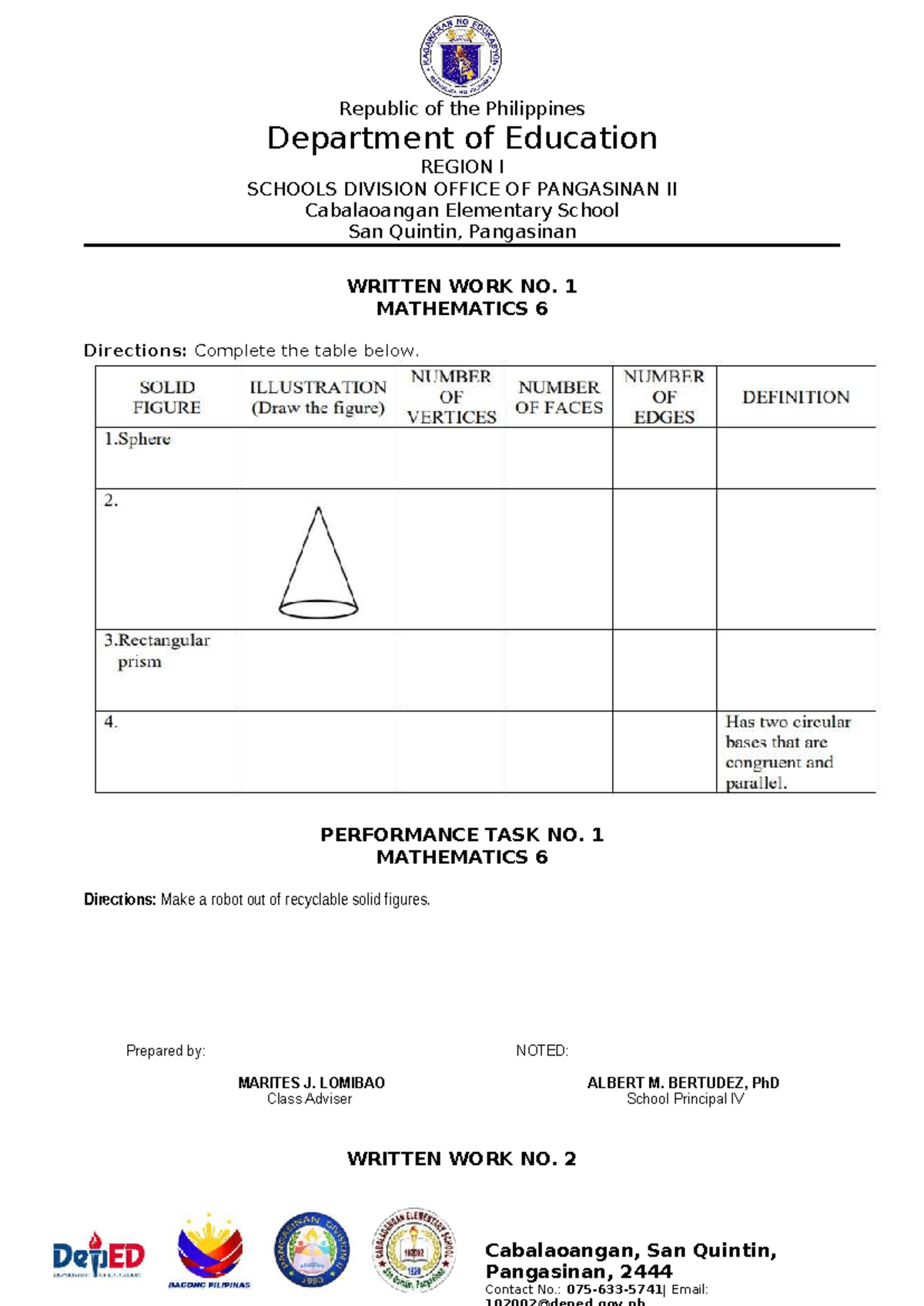 Mathematics 6 Performance Tasks and Written Works - Studocu