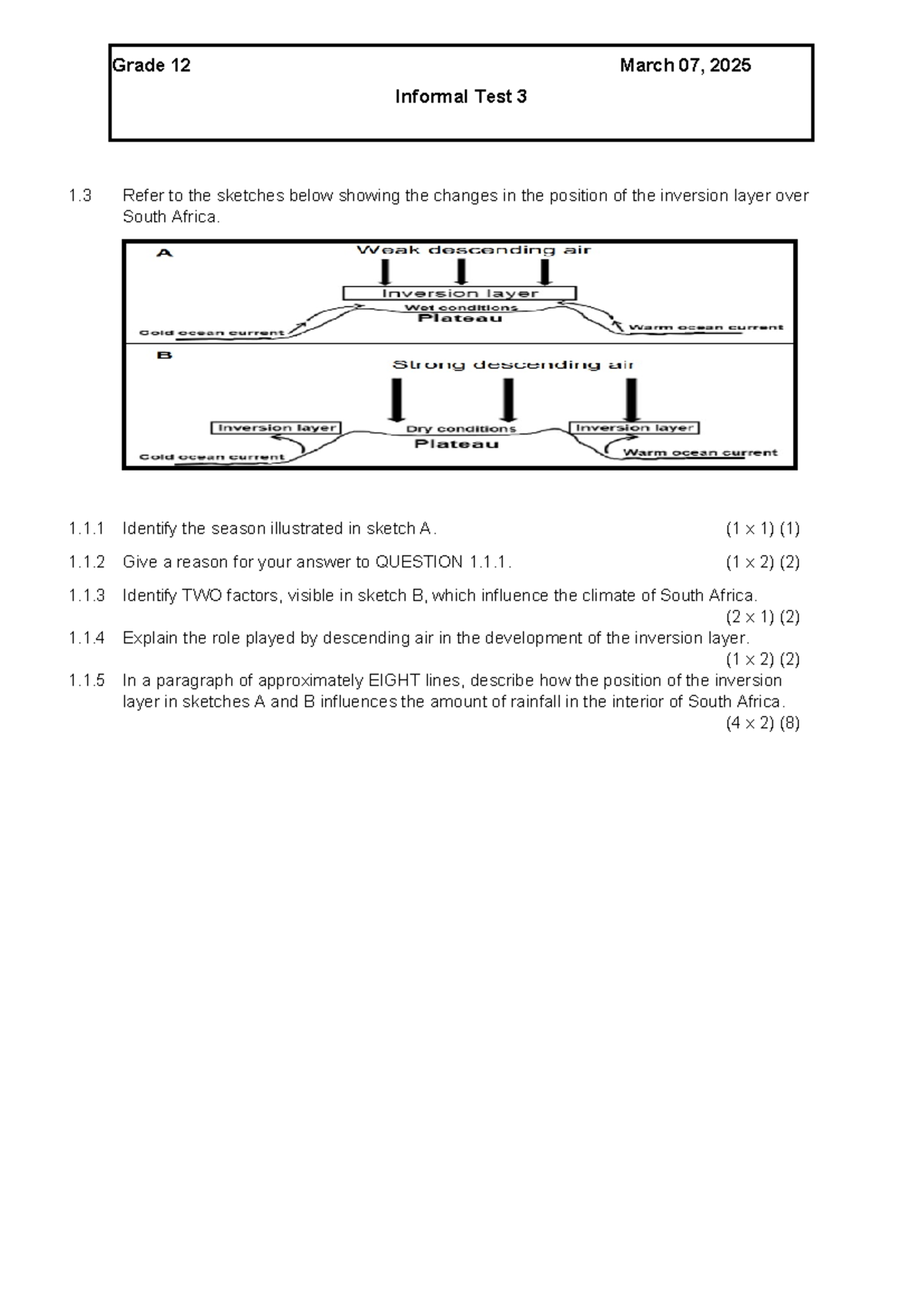 Grade 12 Informal Test 3 - Weekly Climatology Assessment - Studocu