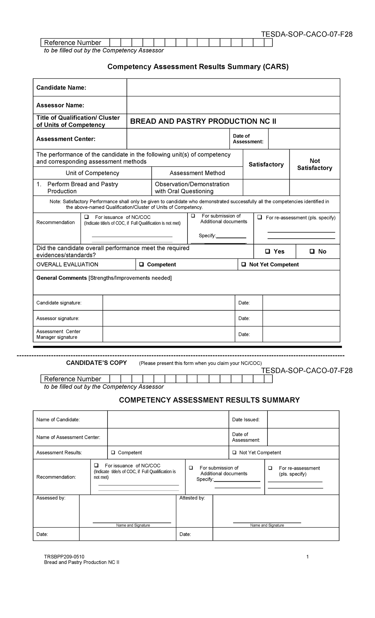 Competency Assessment Results Summary for BREAD AND PASTRY PRODUCTION ...