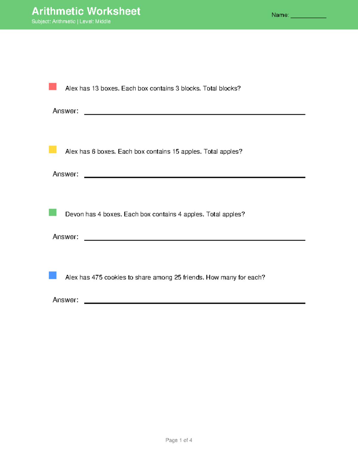 Arithmetic Worksheet Level: Middle - Practice Problems & Answers - Studocu
