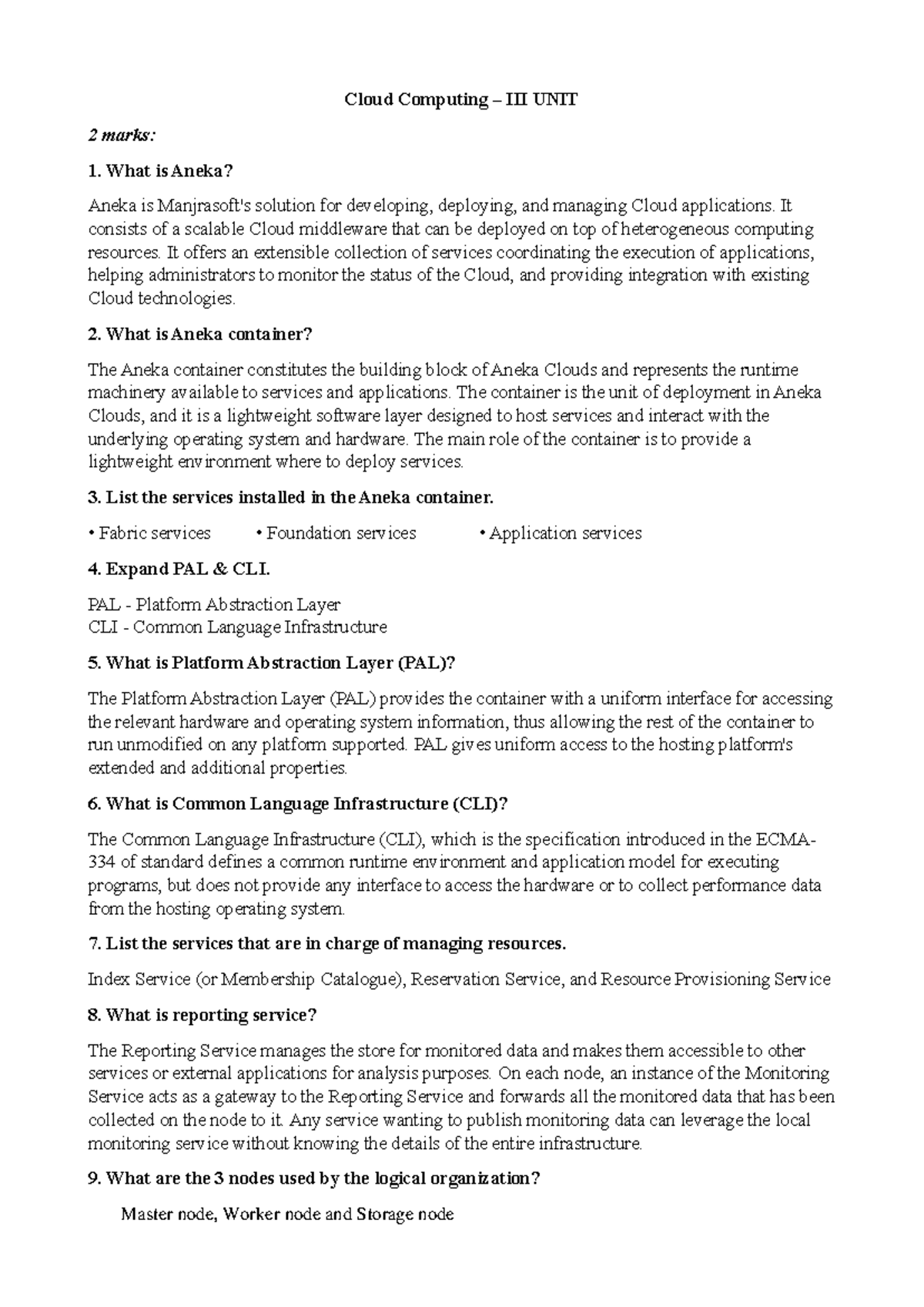 Cloud Computing UNIT 3: Aneka Overview and Deployment Models - Studocu