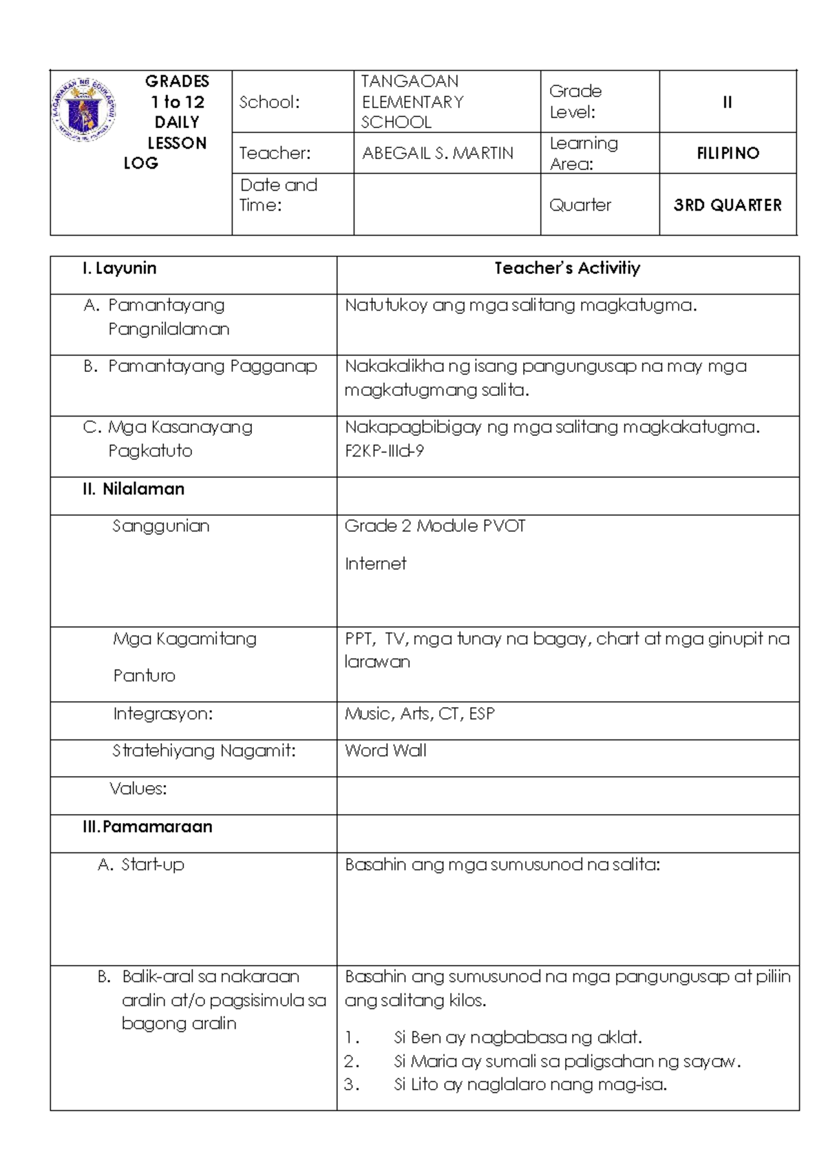 DLP CO Filipino: Daily Lesson Log for Grade 2 - 3rd Quarter - Studocu