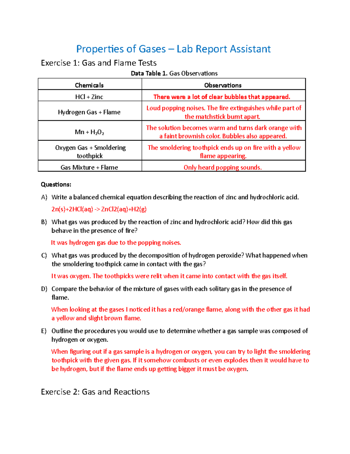 Properties of Gases Lab Report (RPT) - Observations and Reactions - Studocu