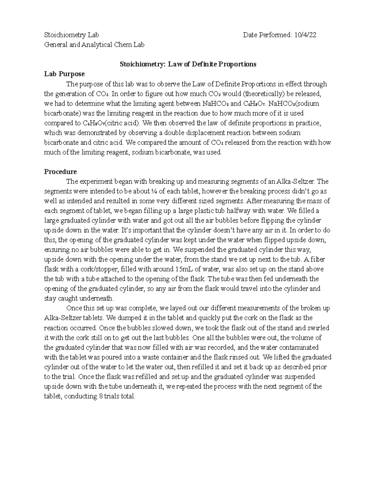 Law of Definite Proportions Lab Report - General Chemistry Lab - Studocu