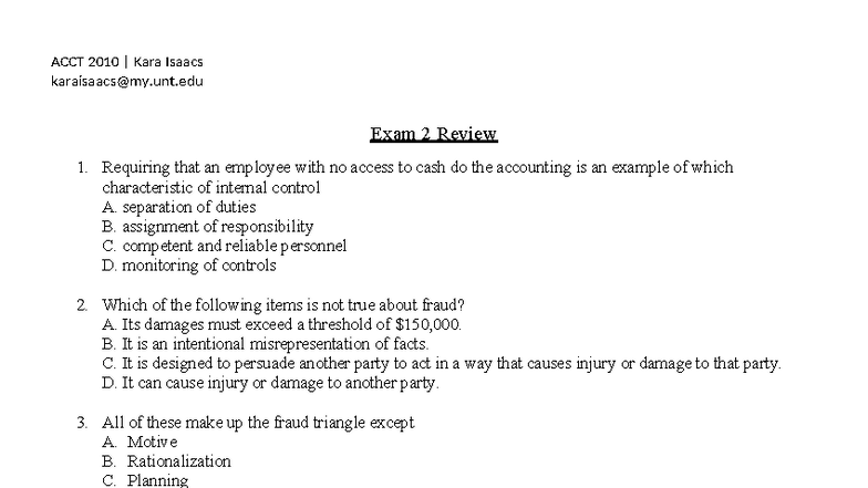 ACCT 2010 Exam 2 Review Key by Kara Isaacs - Studocu