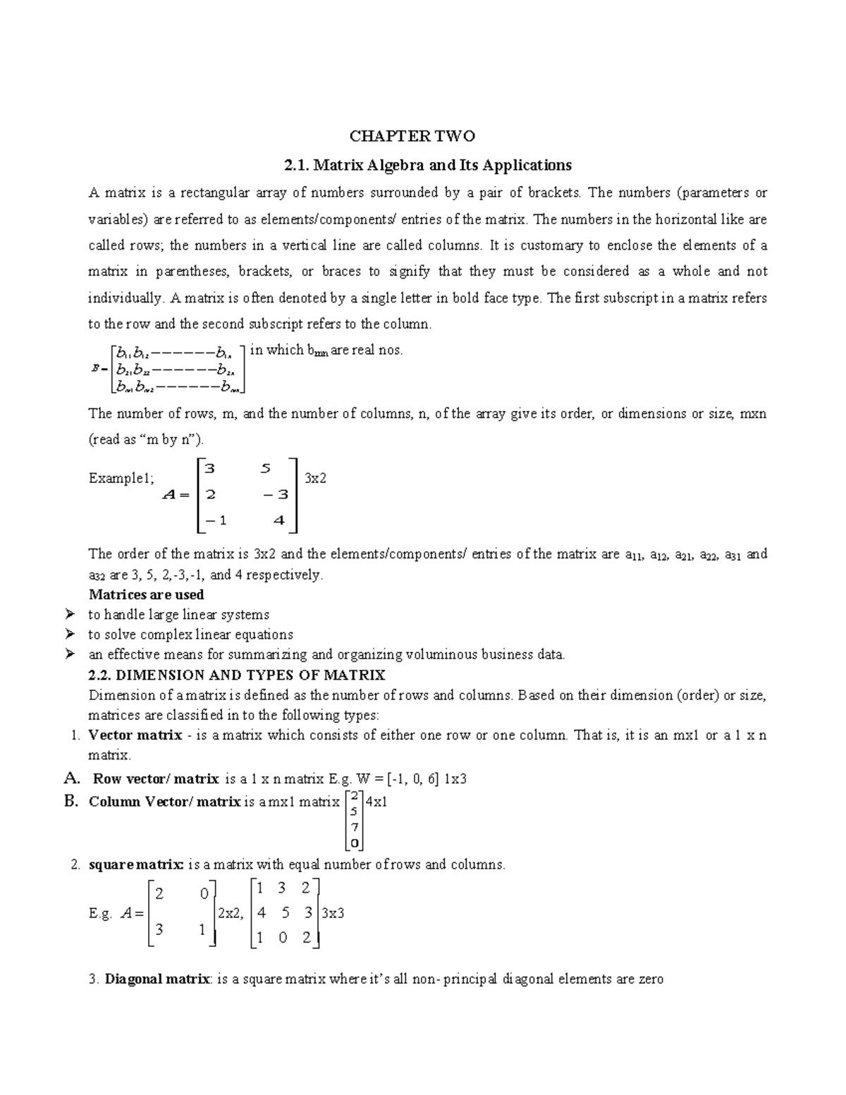Business Mathematics CH 2: Matrix Algebra & Applications - Studocu