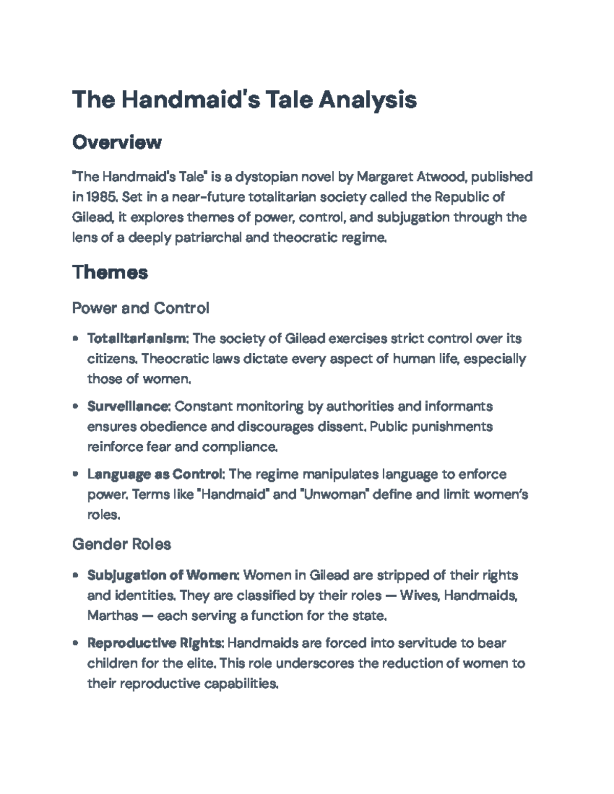Analysis of Themes and Characters in "The Handmaid's Tale" (ENG 101 ...