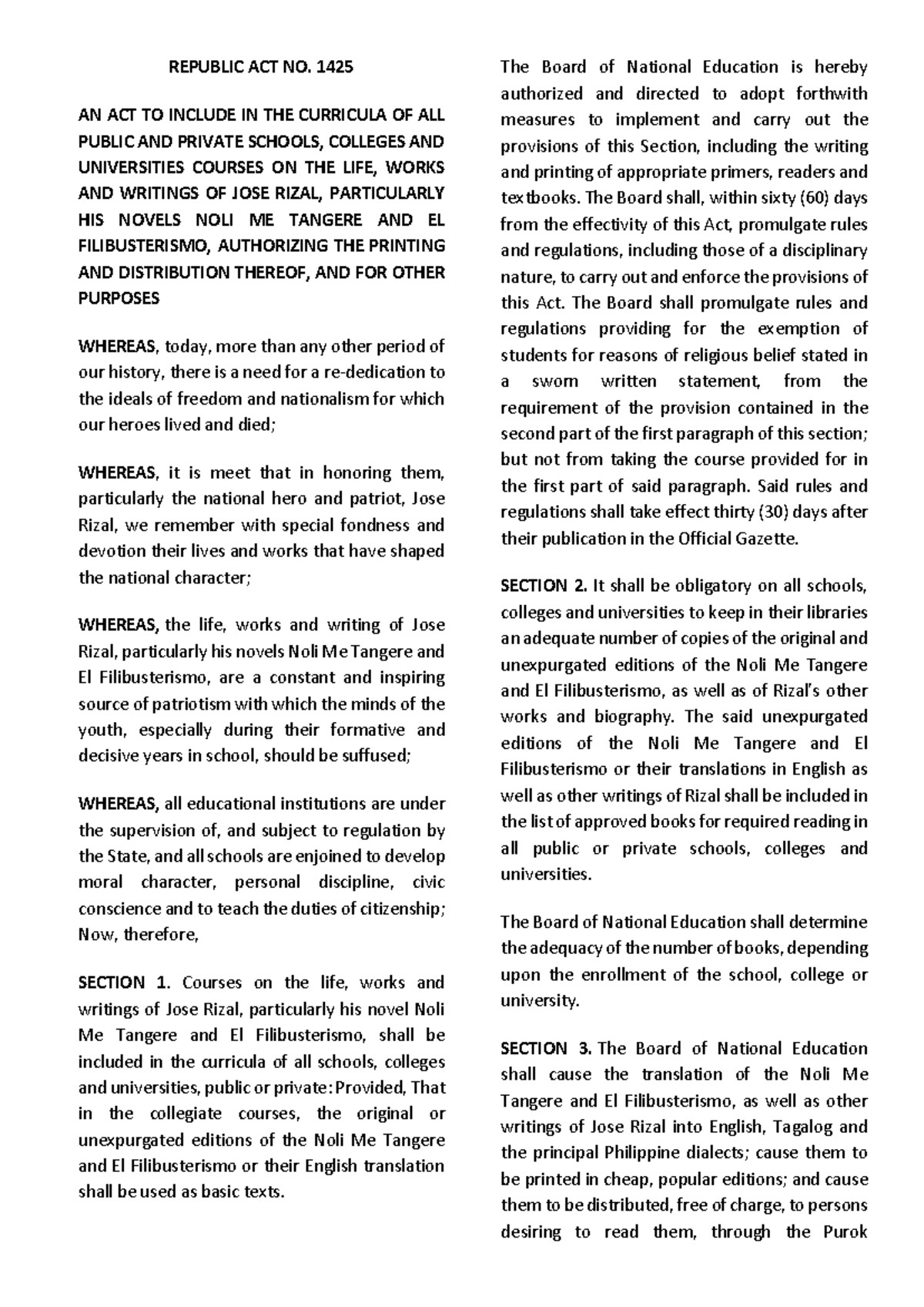 Republic Act No. 1425: The Rizal Law and Its Significance - Studocu