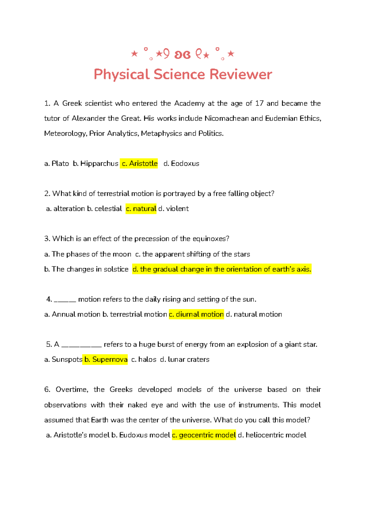 Physical Science Reviewer: Key Concepts and Questions for Exam Prep ...
