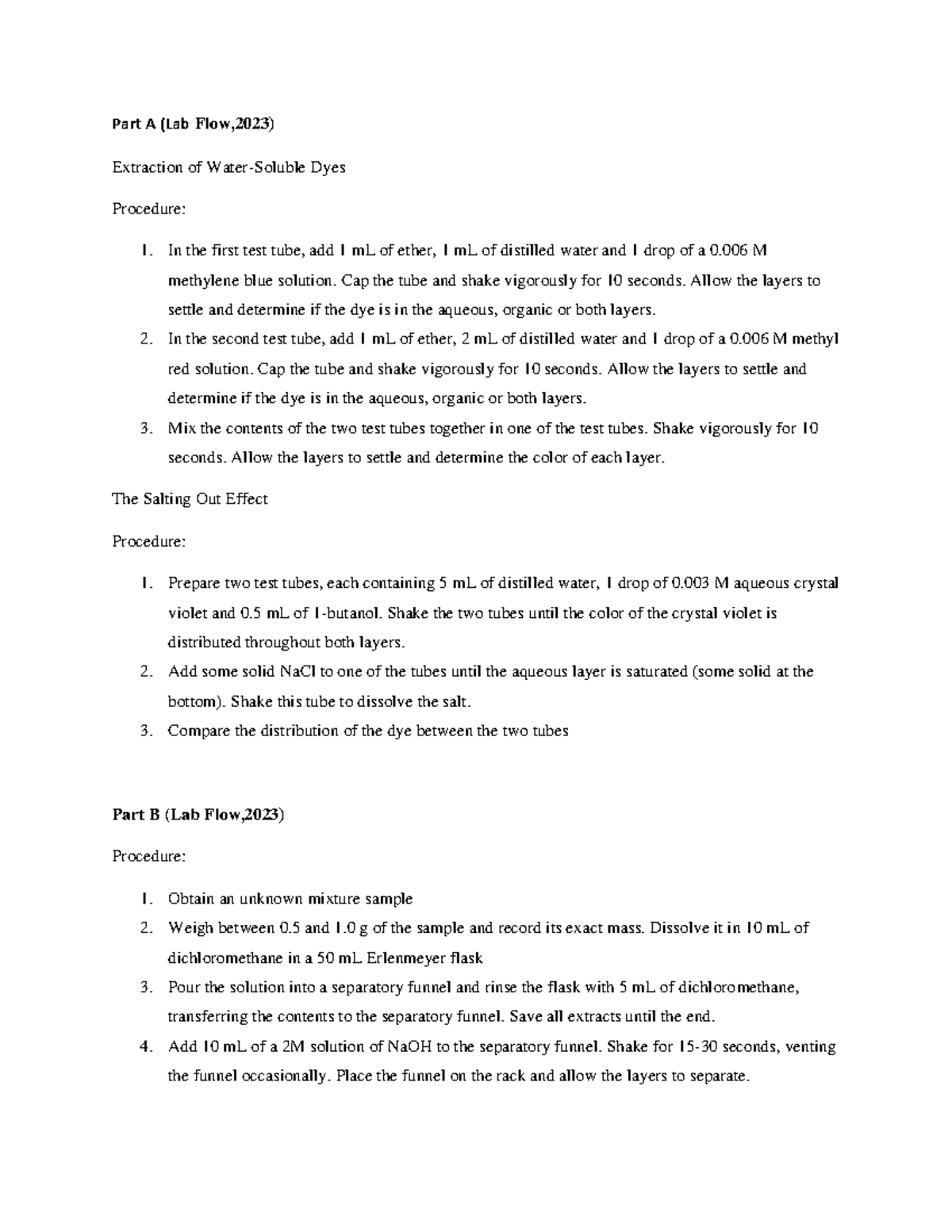 CHM LAB #3 - Procedure - lab - Part A (Lab Flow,2023) Extraction of ...