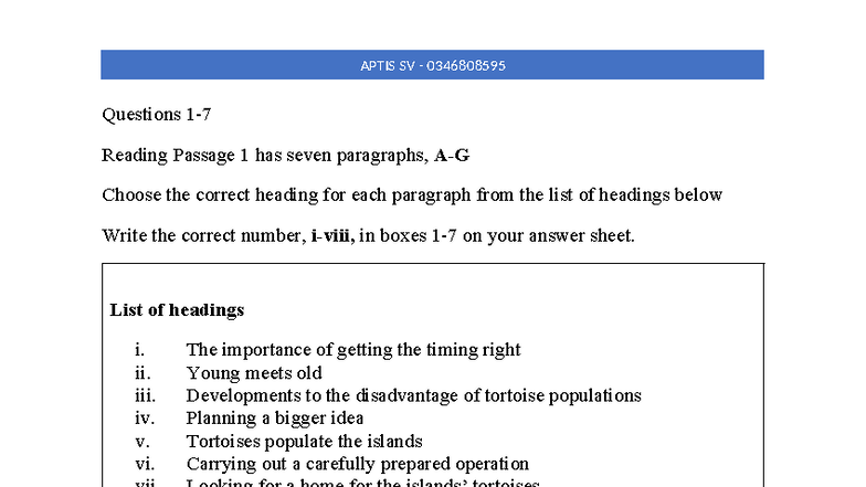 Aptis Reading - Matching headings - Aptis SV (fix) - Questions 1 ...
