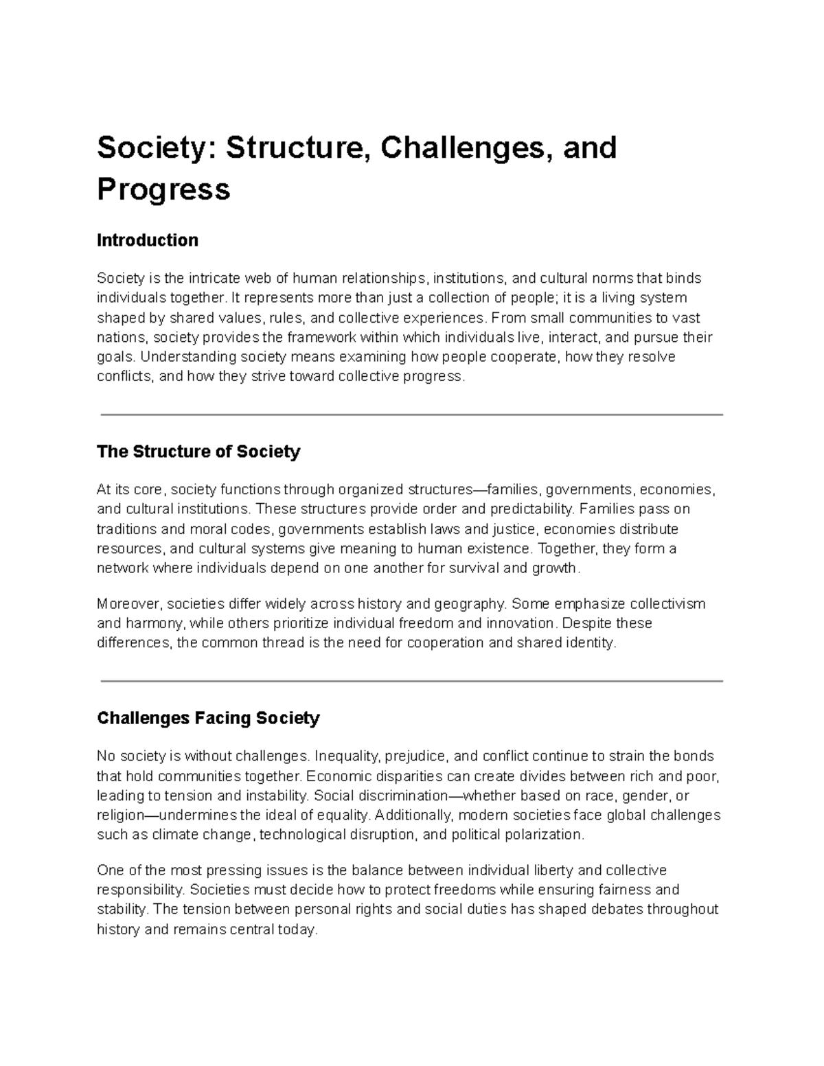 Society 101: Structure, Challenges, and Progress Essay - Studocu