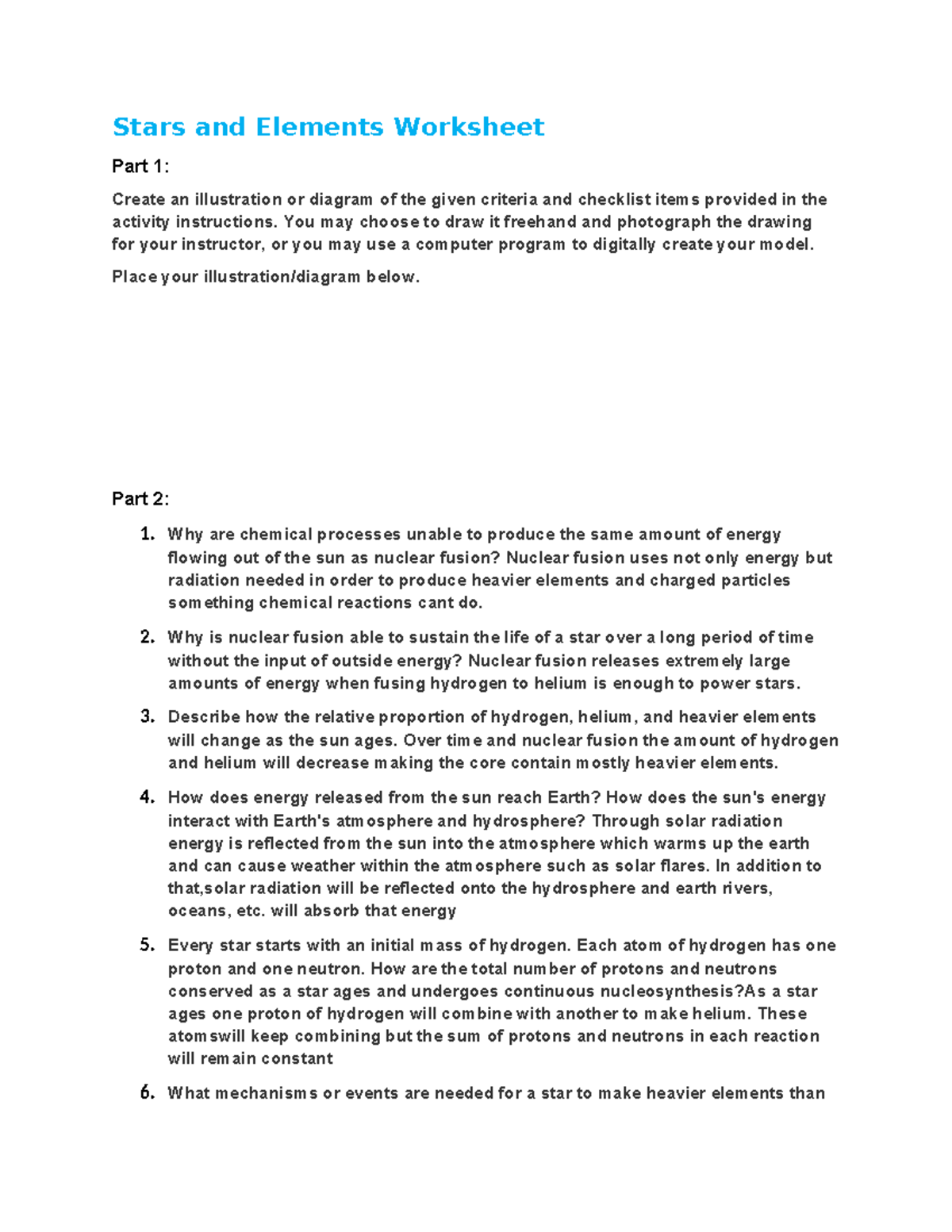 Stars and Elements Worksheet: Understanding Stellar Processes - Studocu