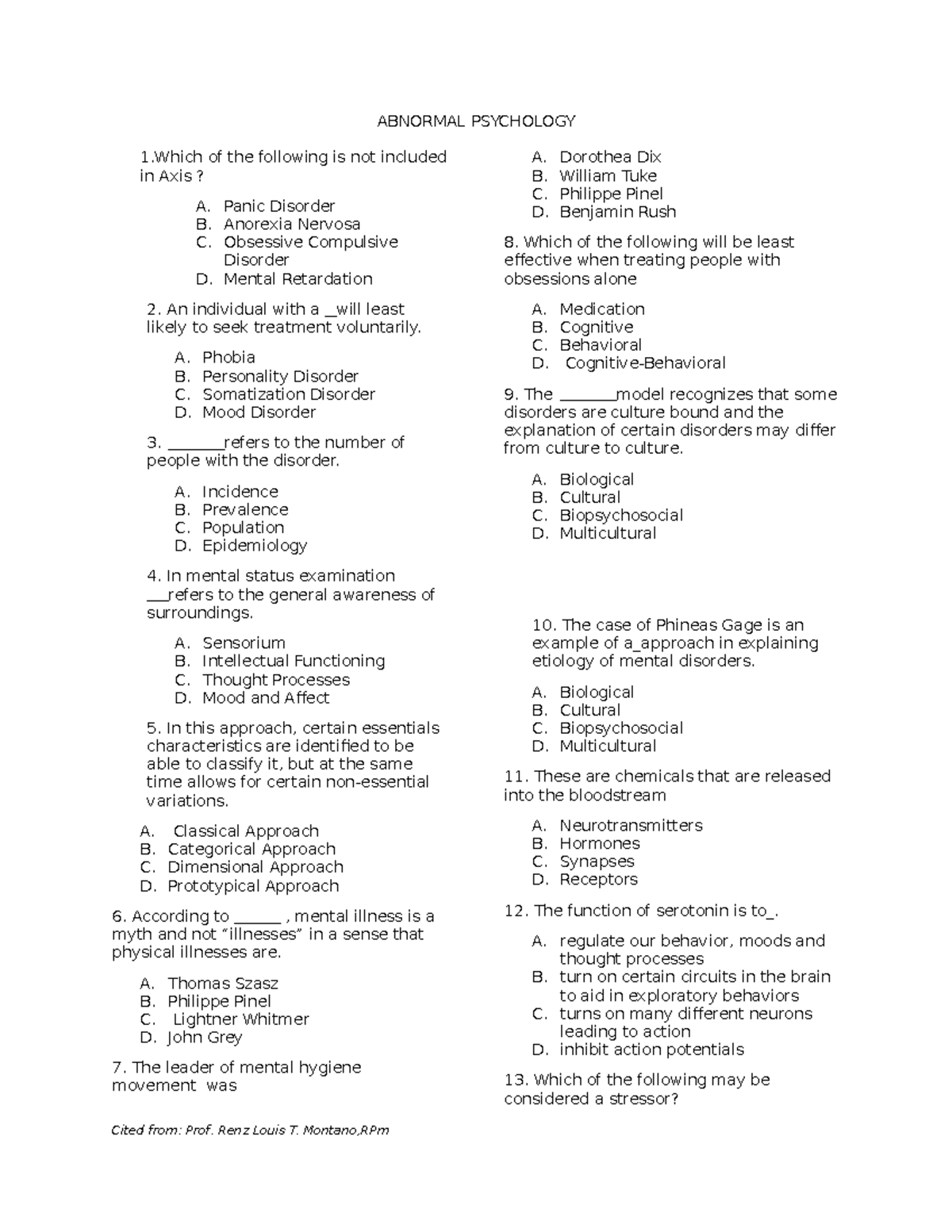 Abnormal Psychology - Practice Drill - ABNORMAL PSYCHOLOGY 1 of the ...