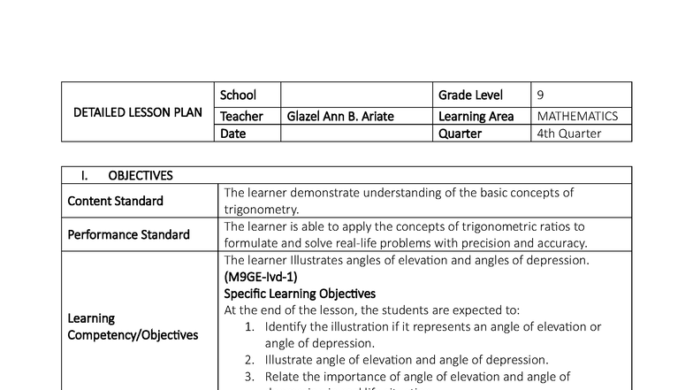 Mathematics 9 DETAILED LESSON PLAN: Angles of Elevation & Depression ...