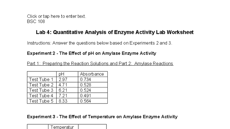 BSC 108 Lab 4: Enzyme Activity Analysis Worksheet - Studocu