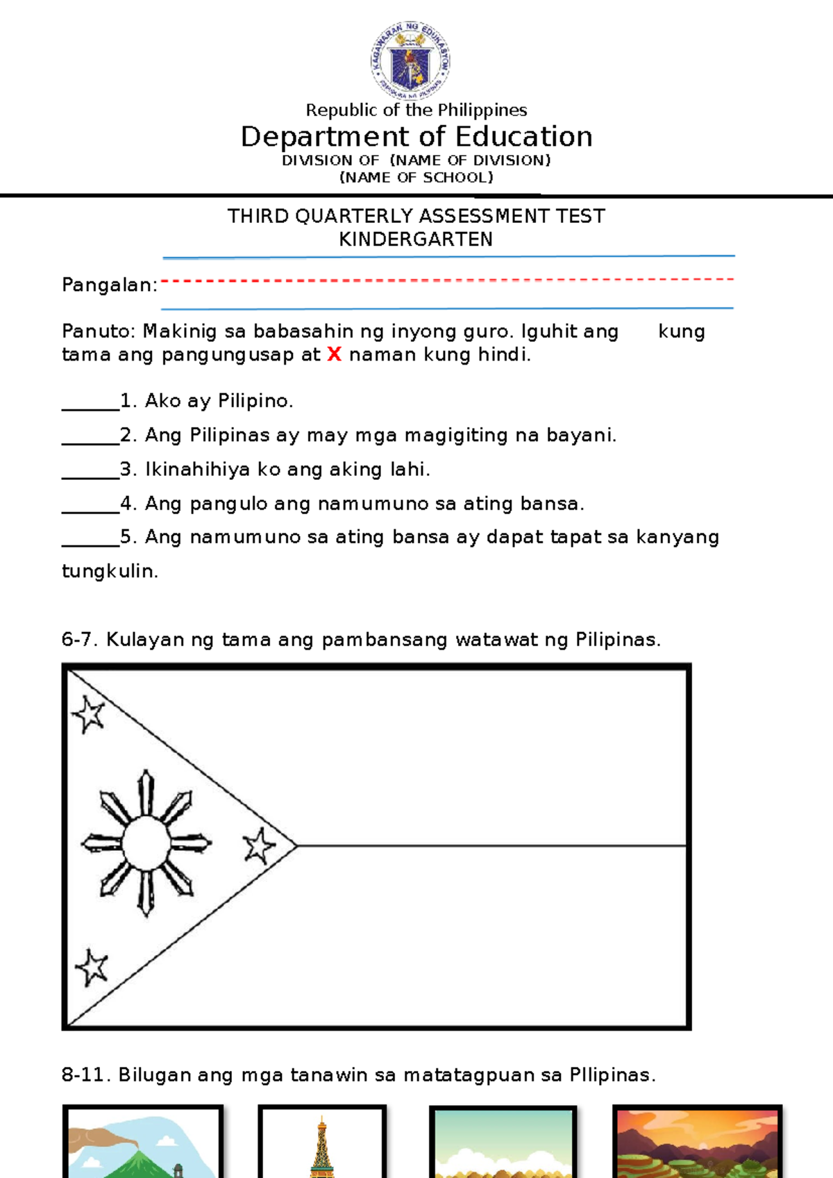 Third Quarter Assessment Test - Kindergarten (A4) - Studocu