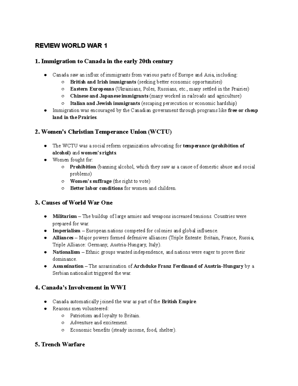 Review of World War 1: Key events and impacts on Canada - Studocu