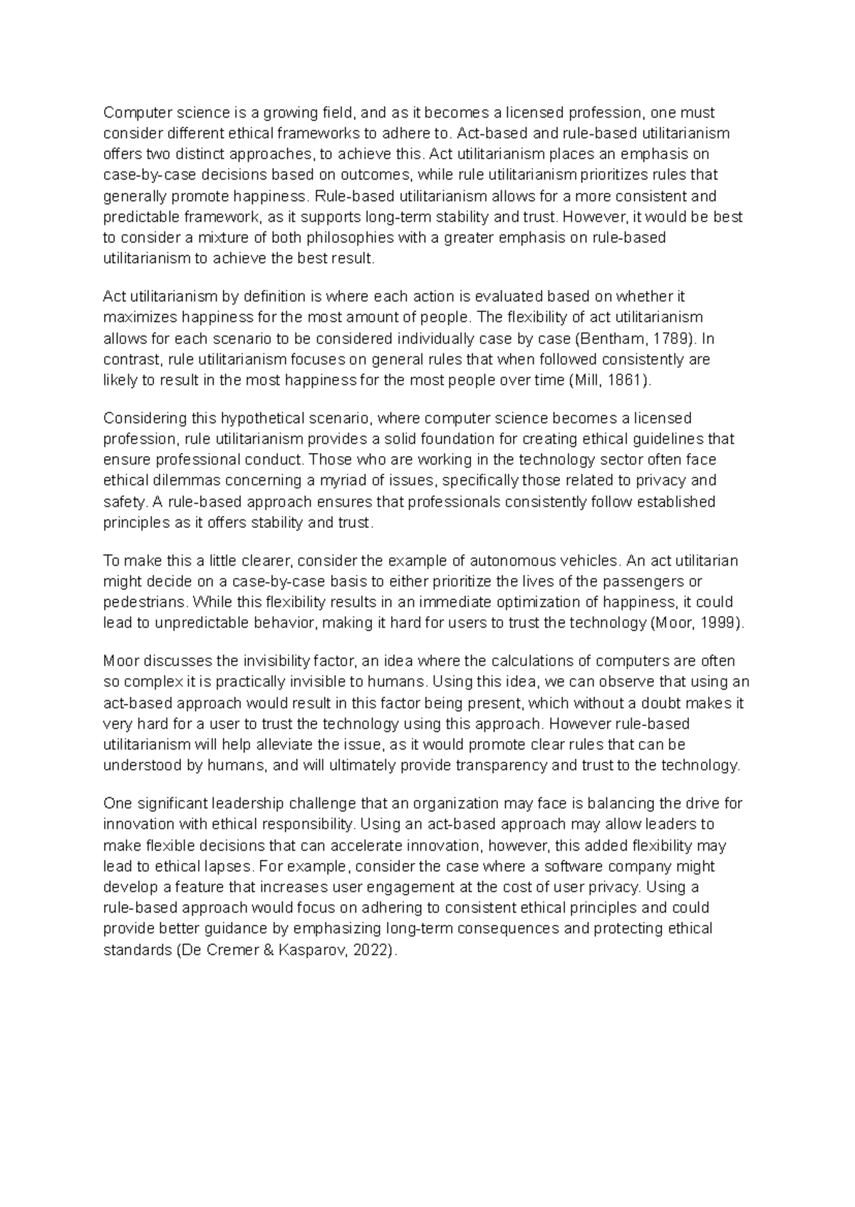 Comp4920 Essay 1: Ethical Frameworks in Computer Science Utilitarianism - Studocu