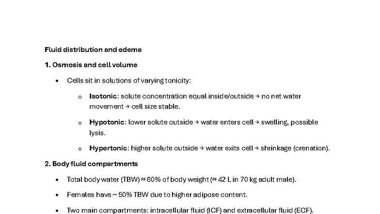 Fluid Distribution and Edema: Key Concepts and Mechanisms - Studocu