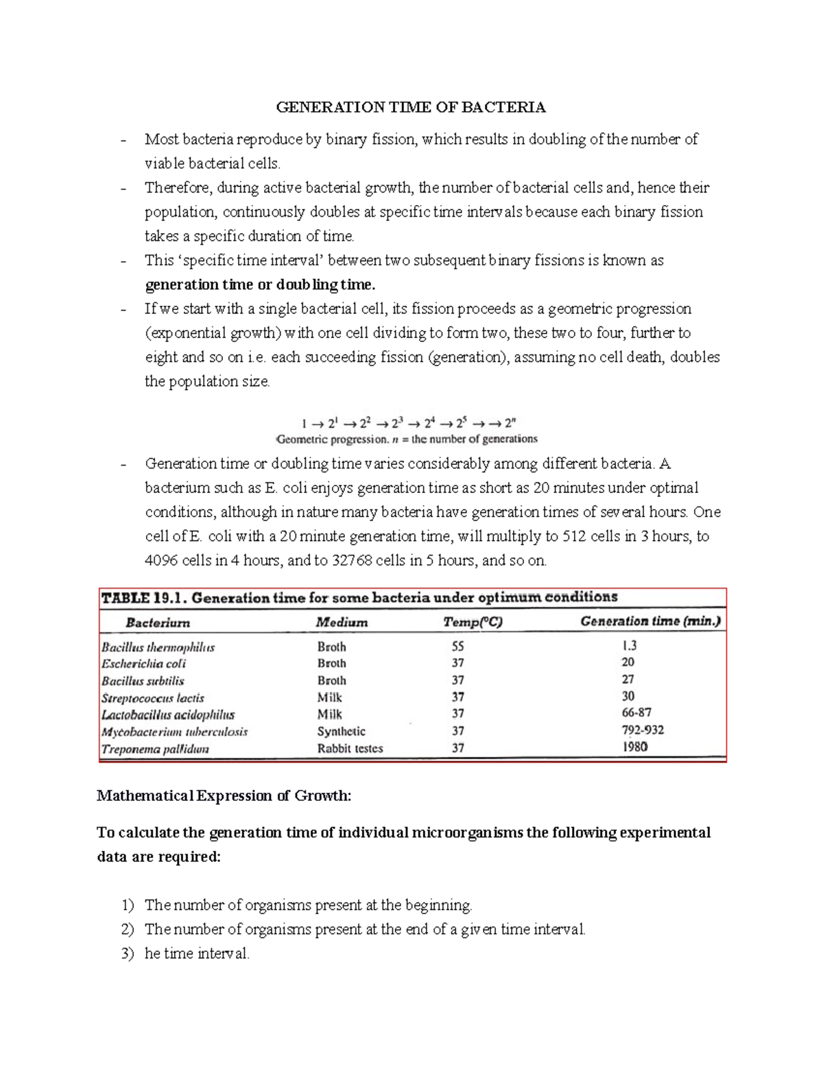 Mathematical expression of growth - GENERATION TIME OF BACTERIA Most ...