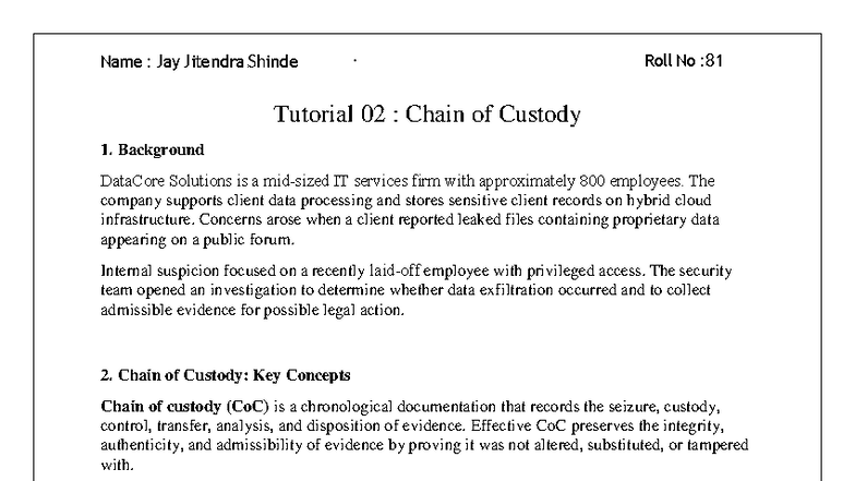 DF CS 2 - Tutorial 02: Chain of Custody Analysis and Procedures - Studocu