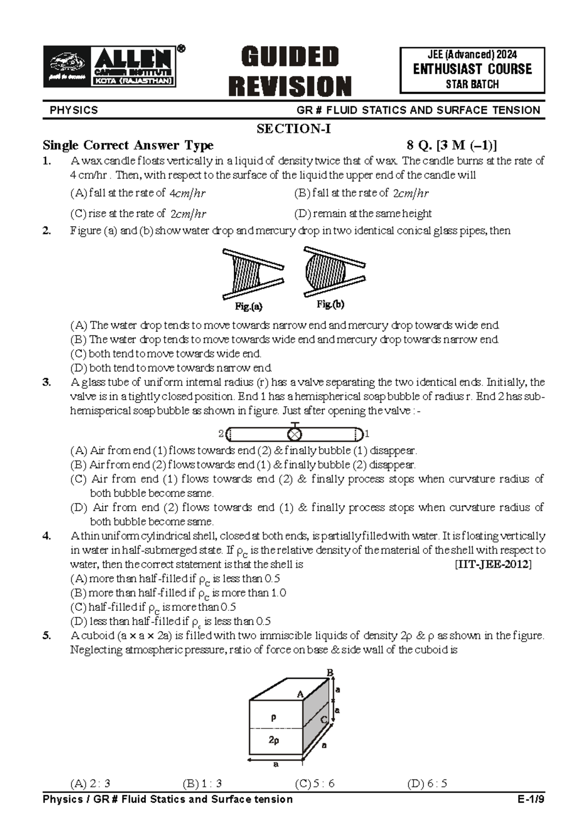 GUIDED REVISION JEE (Advanced) 2024 ENTHUSIAST COURSE STAR BATCH: Fluid Statics - Studocu