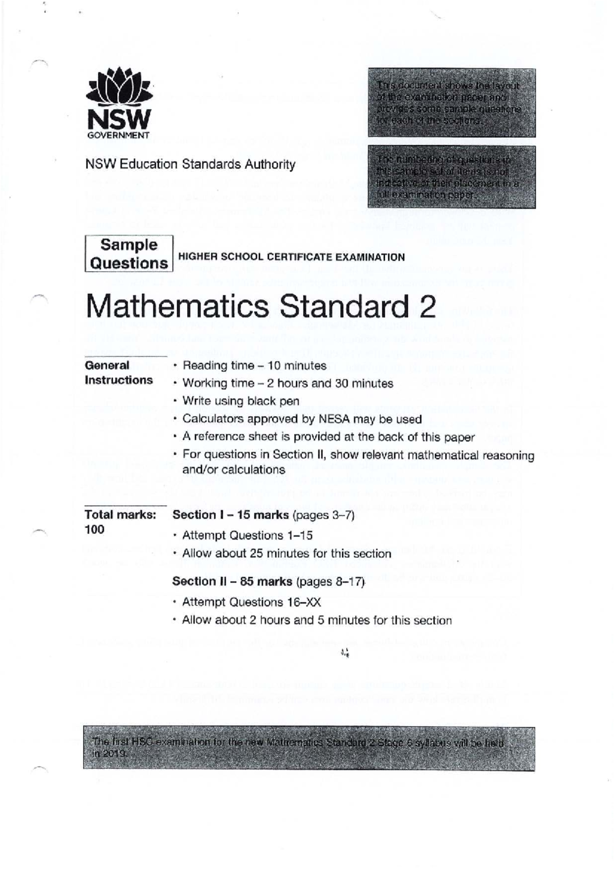 Sample HSC Mathematics Standard 2 Exam Questions and Guidelines - Studocu