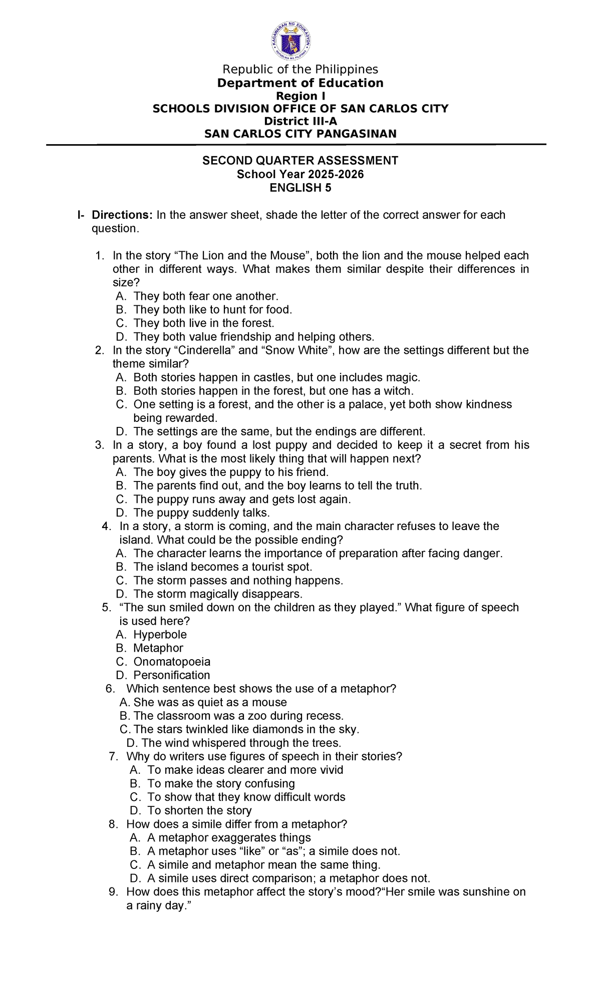 ENG5 2nd Quarter Assessment: Test Questions and Answers - Studocu