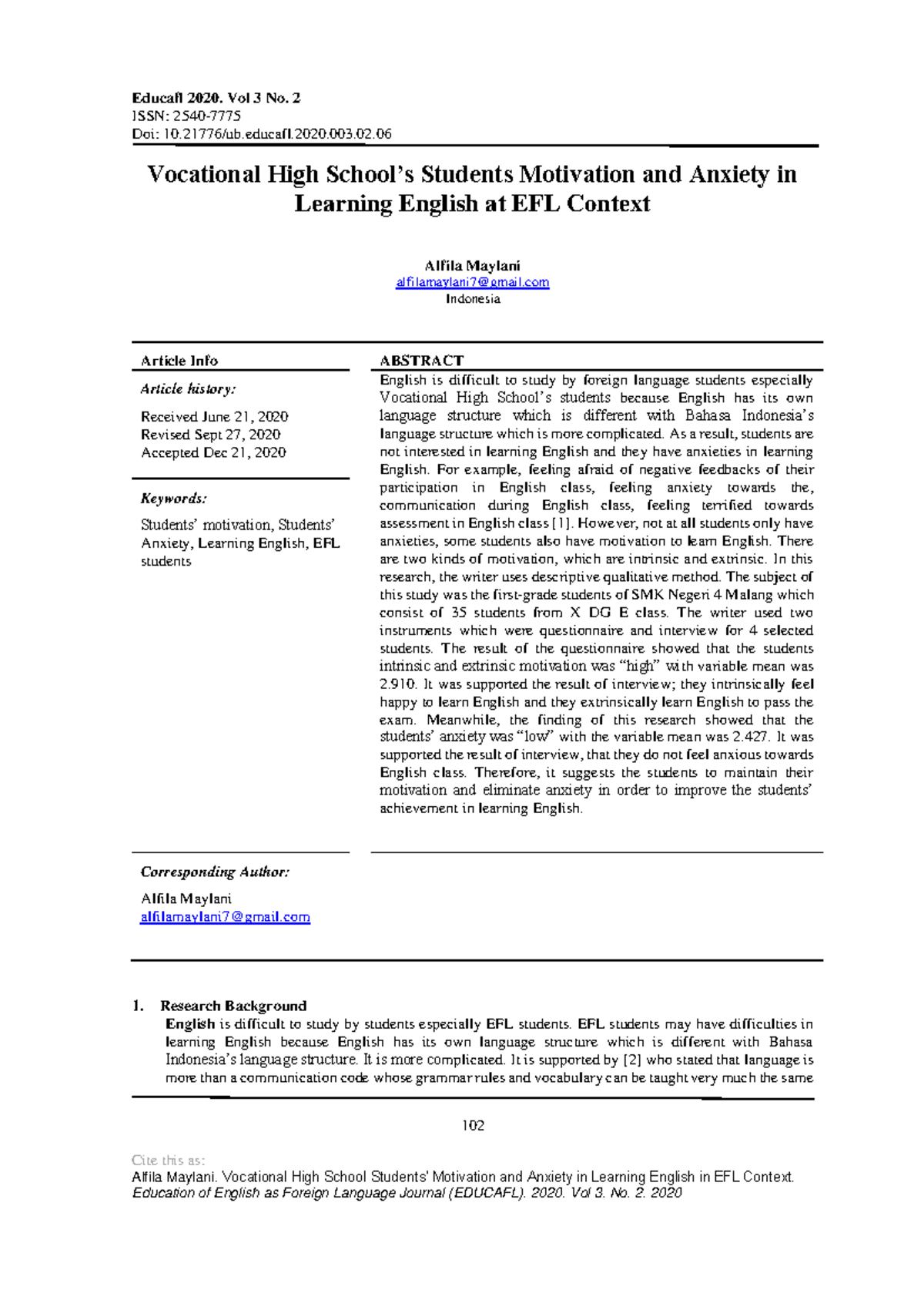 Vocational High School’s Students Motivation and Anxiety in Learning ...