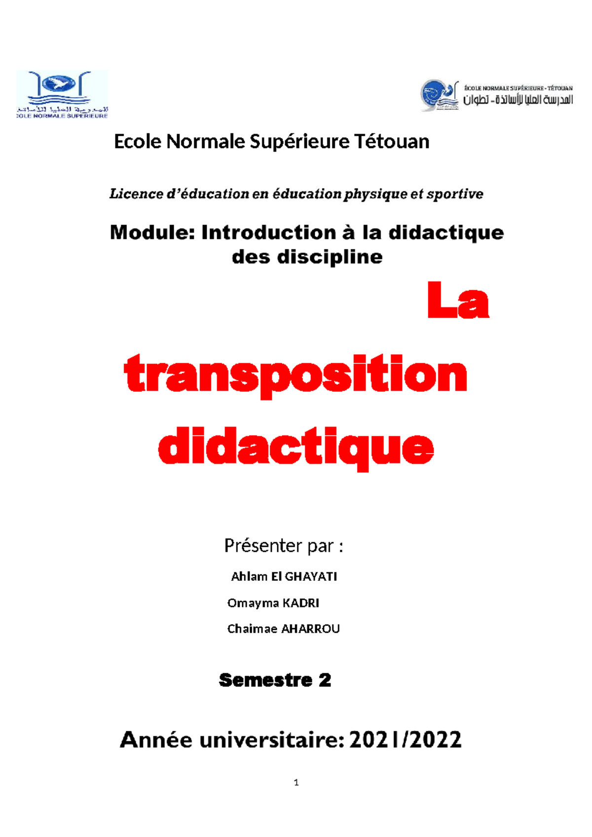 LA Transposition Didactique - Semestre 2 - Ecole Normale Supérieure Tétouan - Studocu