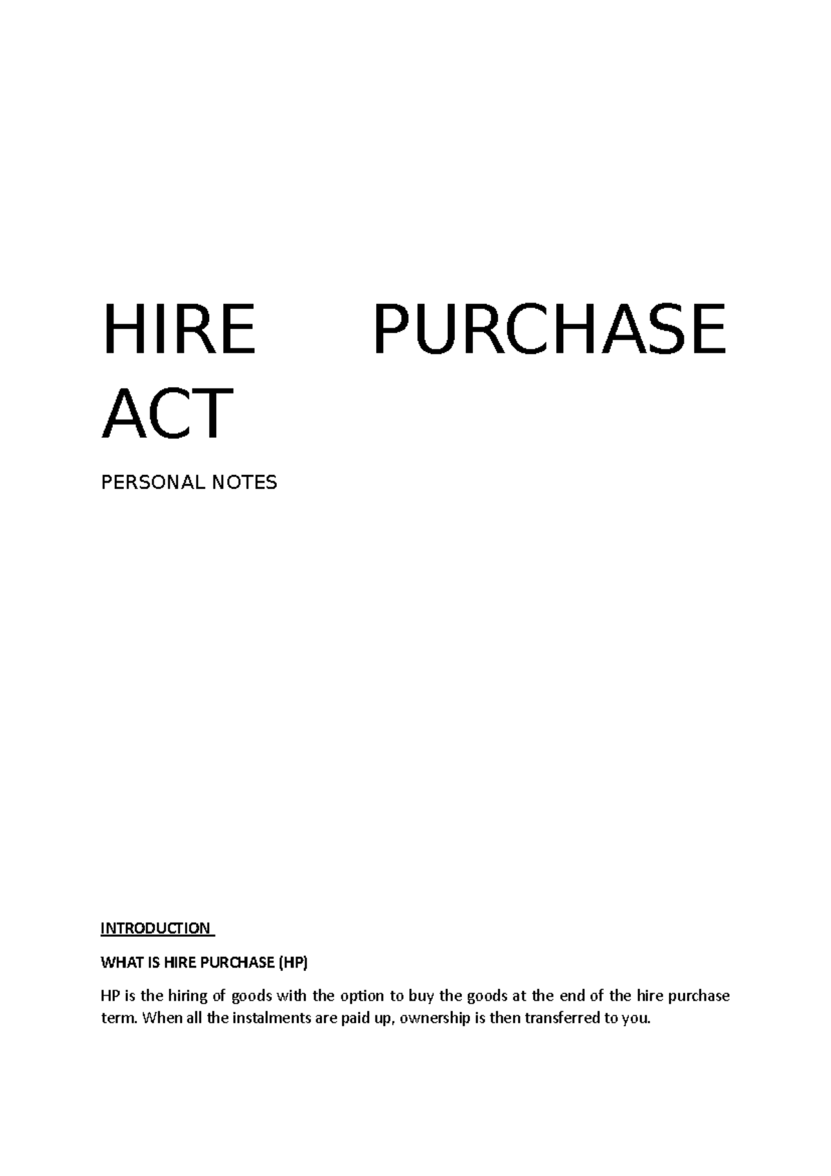 HIRE Purchase ACT - Lecture notes 1-4 - HIRE PURCHASE ACT PERSONAL ...