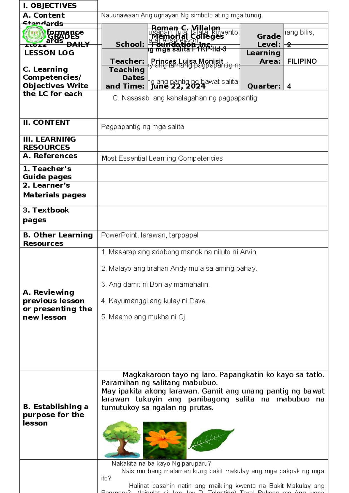 Filipino Lesson Plan (Grade 2) on Pagpapantig ng mga Salita - Studocu
