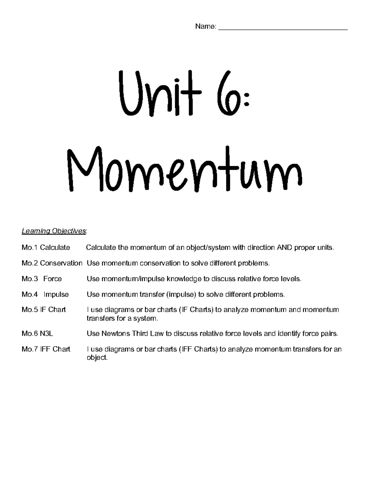 Momentum Packet: Unit 6 Learning Objectives and Practice Problems - Studocu