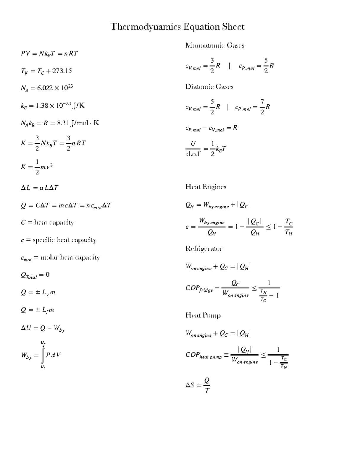 Thermo Eq Sheet for Thermodynamics: Key Formulas and Concepts - Studocu