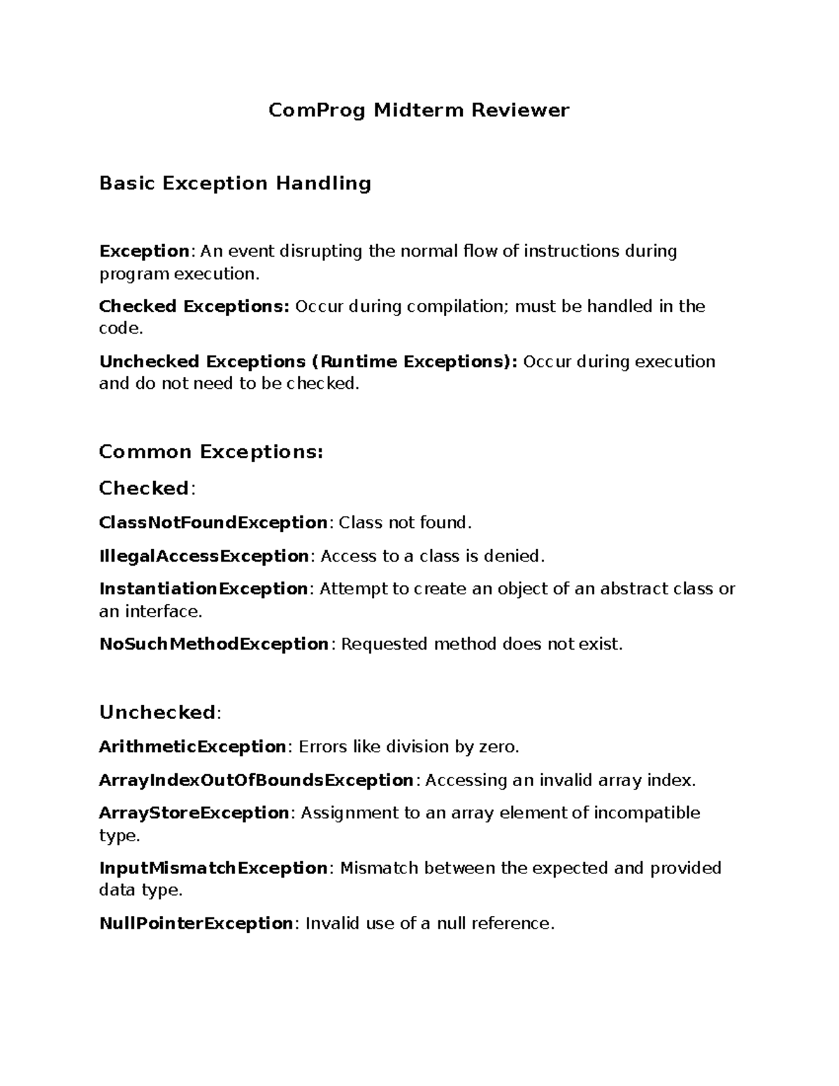 Com Prog Midterm Reviewer - ComProg Midterm Reviewer Basic Exception ...