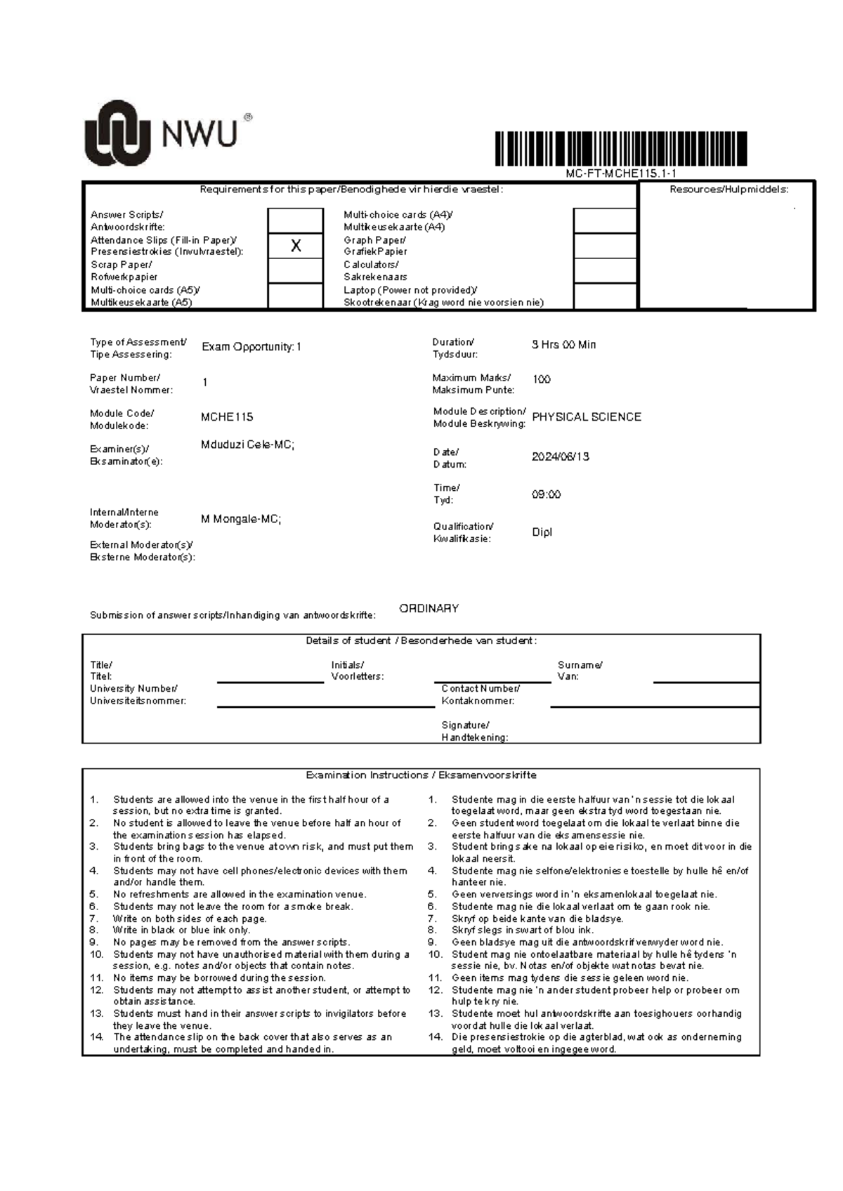 MCHE115: Physical Science Exam Paper 1 - June 2024 Requirements - Studocu