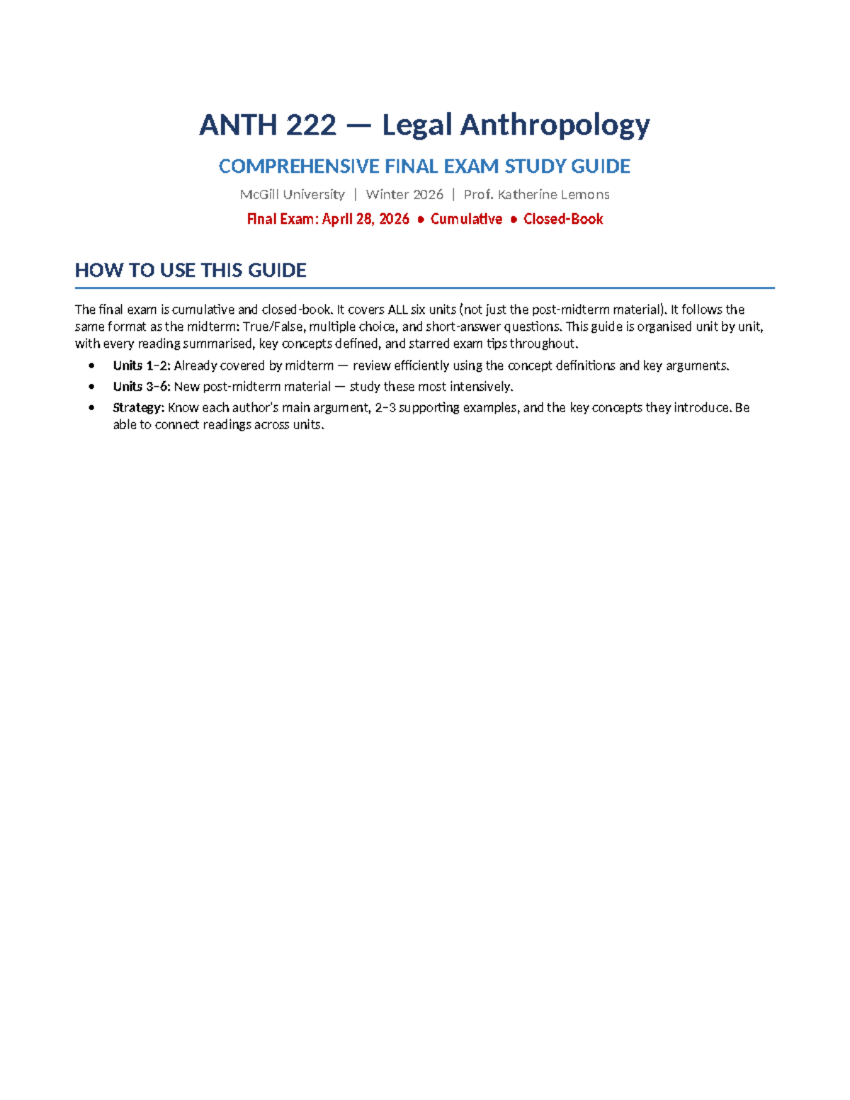 ANTH222 Legal Anthropology Comprehensive Final Exam Study Guide - Studocu