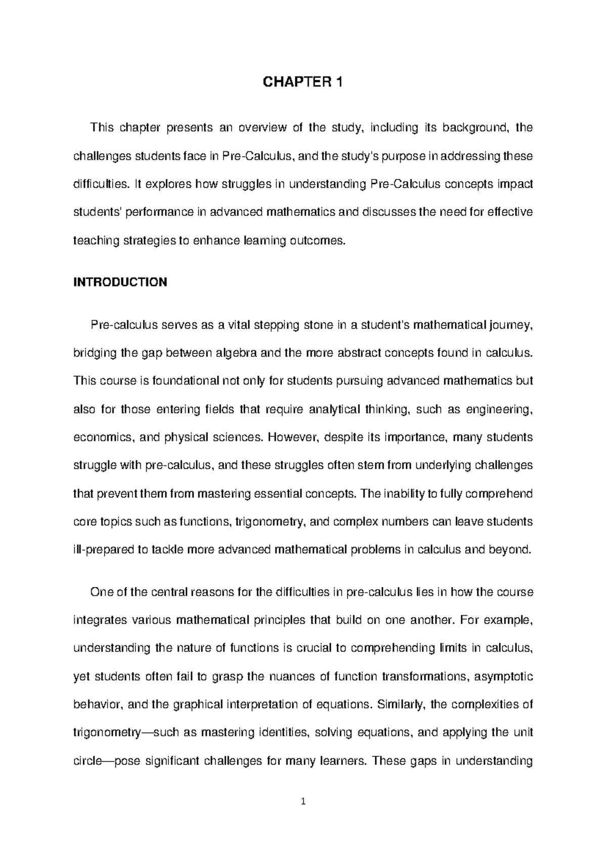 CHAPTER 1: Challenges in Pre-Calculus and Their Impact on Advanced Math ...