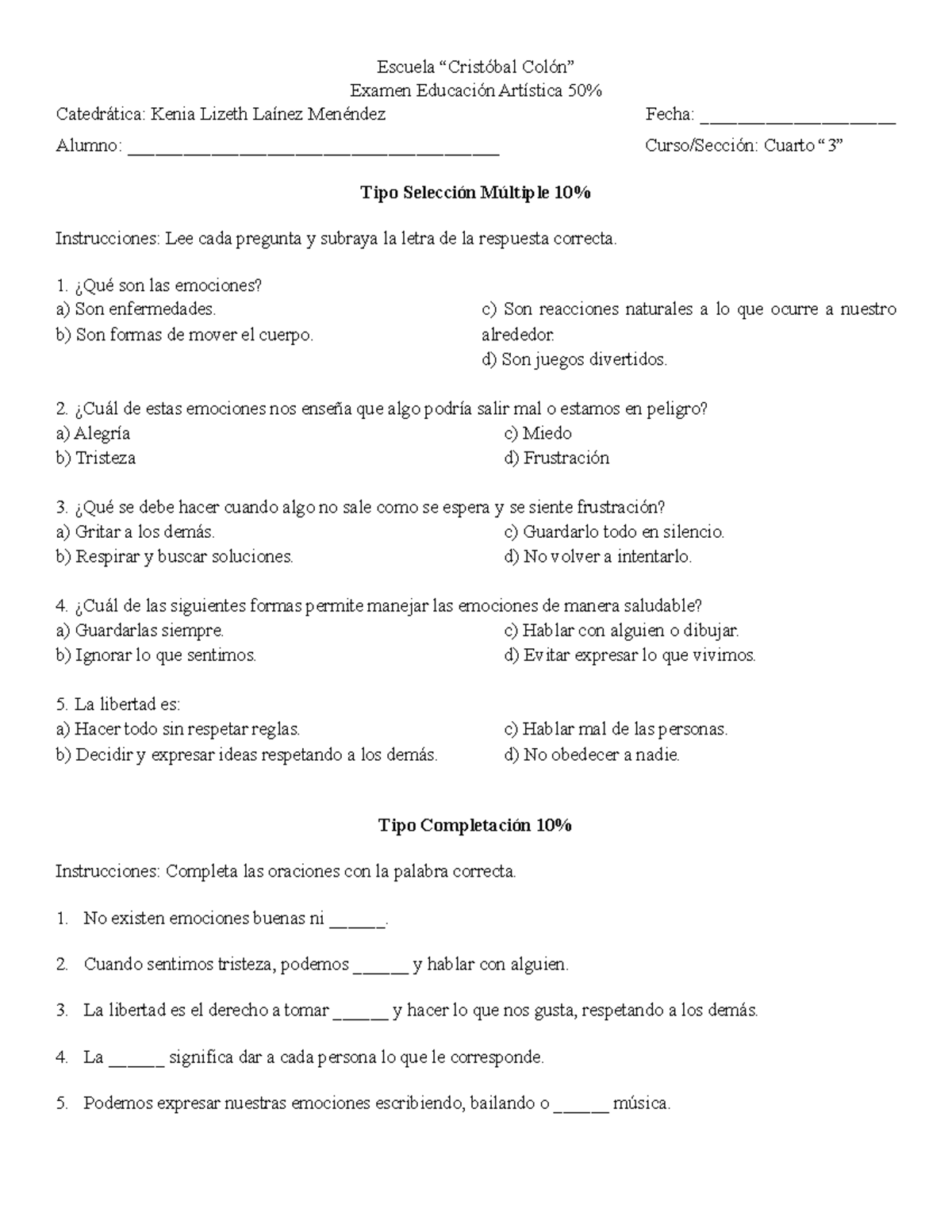 Examen de Selección Múltiple en Educación Artística - TAREAS - Studocu