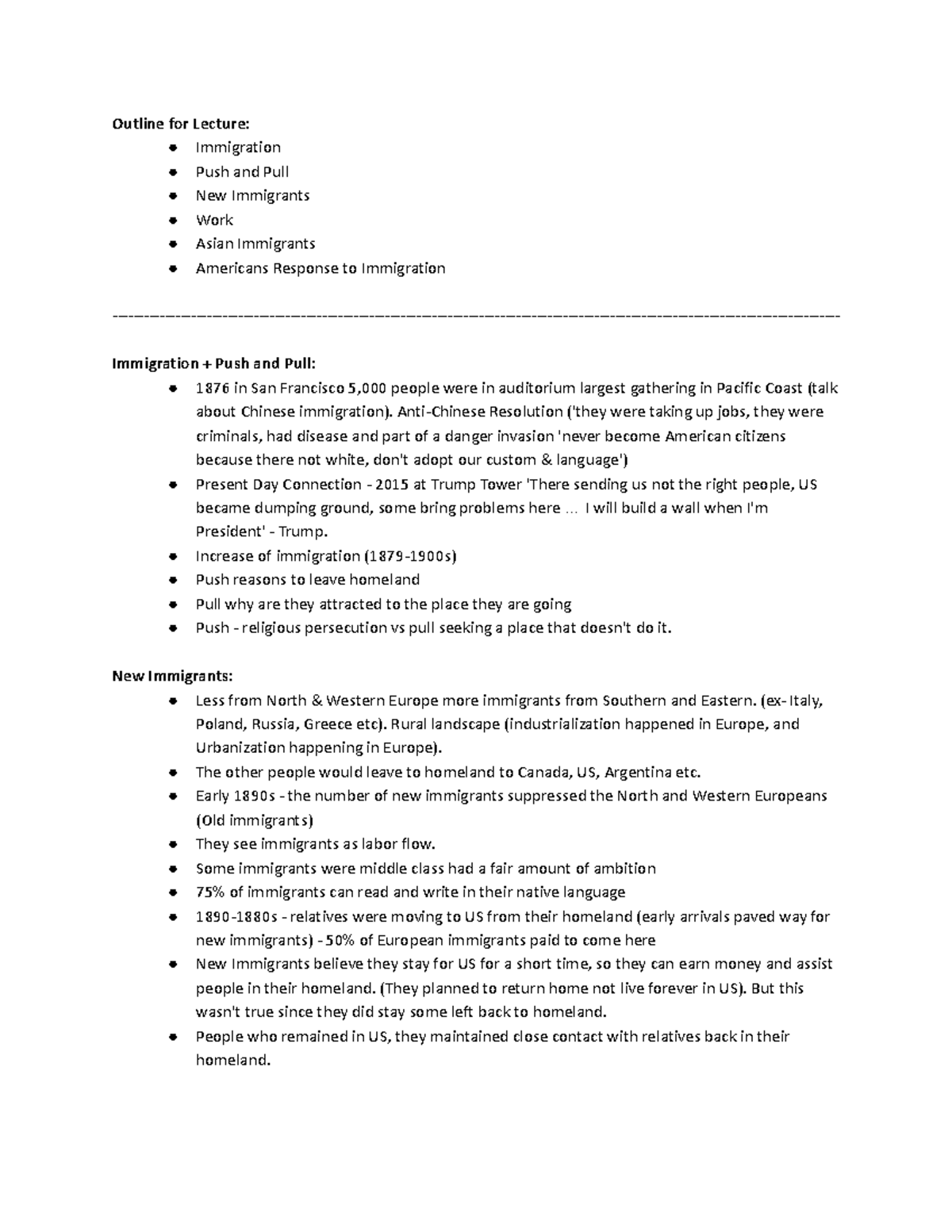 HIST 152 - Lecture Notes: Immigration Push and Pull Factors (1876 ...